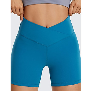 CRZ YOGA Womens Butterluxe Crossover Biker Shorts 5 Inches - Criss Cross High Waisted Workout Yoga Shorts Buttery Soft Super-Sonic Blue X-Small