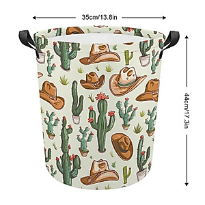 TsyTma Western Themed Cactus Laundry Basket Cowboy Small Laundry Hamper Collapsible Clothes Hamper with Handles Round Toy Organizer Bin for Kid's Room Office Nursery Hamper Home Decor