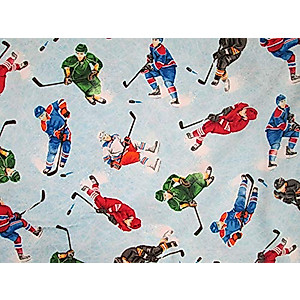 Hockey Players Sticks Pucks Hockey Blue Cotton Fabric Size;1/4 Yard(18x22)