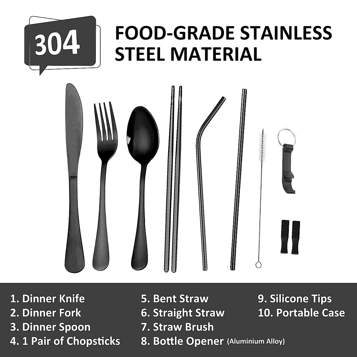 Portable Travel Silverware Set with Case, Reusable Camping Eating Utensils Set, Stainless Steel Cutlery Set for 1, Knife Fork Spoon Chopsticks (9 pieces black)