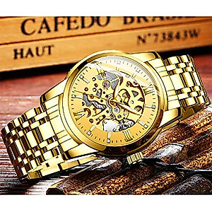 Mens Watches Gold Mechanical Automatic Self-Winding Stainless Steel Skeleton Luxury Waterproof Diamond Dial Wrist Watches for Men