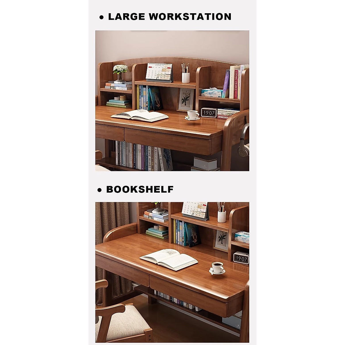 Solid Wood Desk Kids Desks with Drawers and Bookshelf, Height-Adjustable Desk Suit for All Ages, Learning Computer Workstation Writing Desk with Hooks, Study Home Office Desk ( Color : White with chai