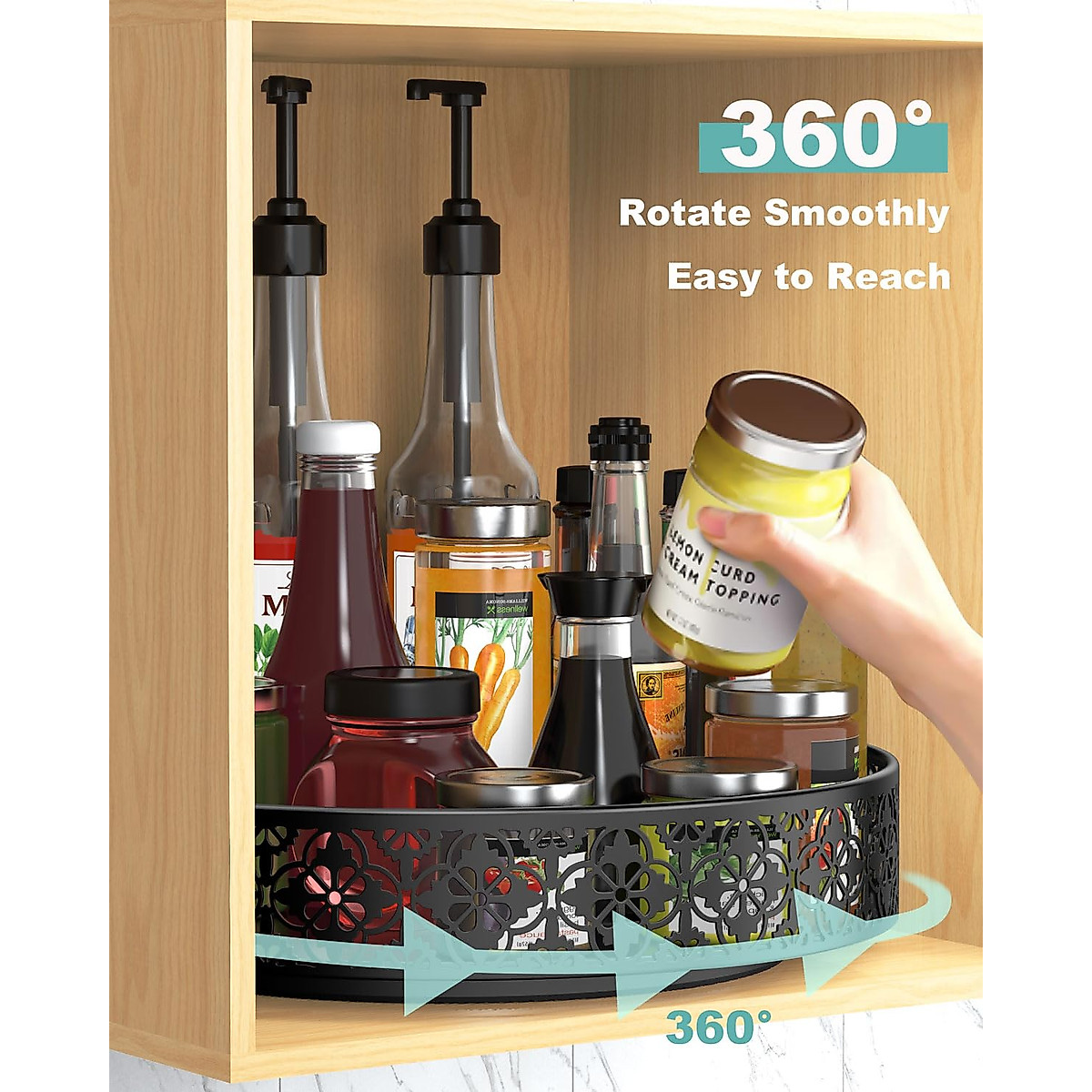 Lazy Susan Organizer, 12 Inch Lazy Susan Turntable for Cabinet, Turntable Organizer for Pantry Vanity Tray Countertop Spice Rack Kitchen Bathroom, Large Lazy Susan with 2 Removable Liners, Black