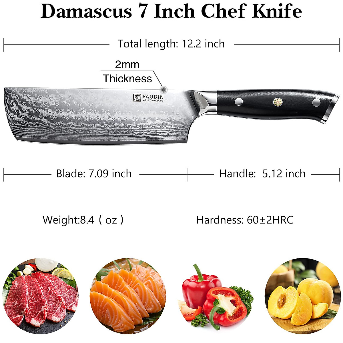 PAUDIN Nakiri Knife 7'', Damascus Chef Knife, Japanese VG-10 Stainless Steel, Kitchen Knife with G10 Full Tang Handle, Razor Sharp 67-Layer Forged Blade
