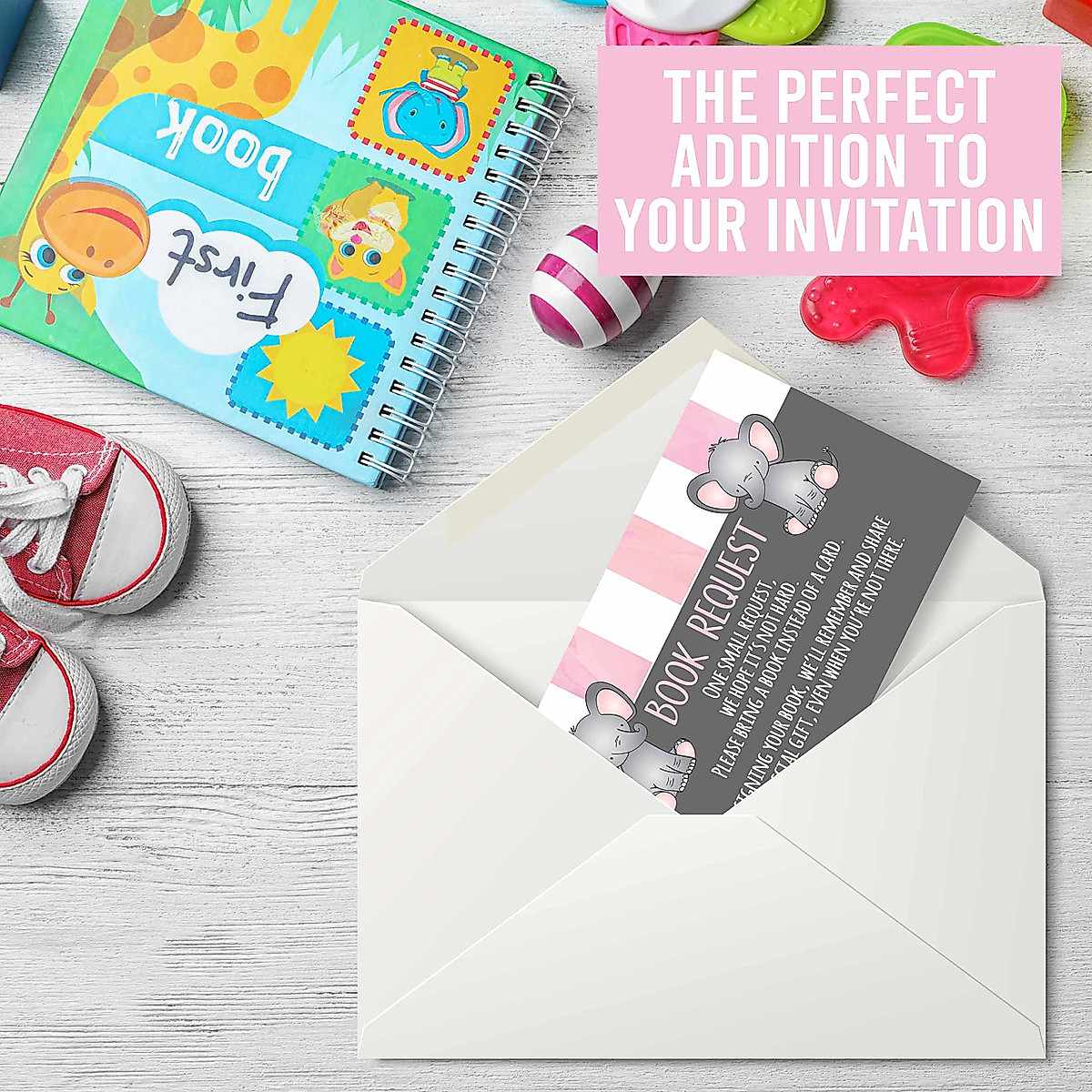 25 Books For Baby Shower Request Cards - Pink Elephant Baby Shower Invitation Inserts, Book Request Baby Shower Guest Book Alternative, Bring A Book Instead Of A Card, Baby Shower Book Request
