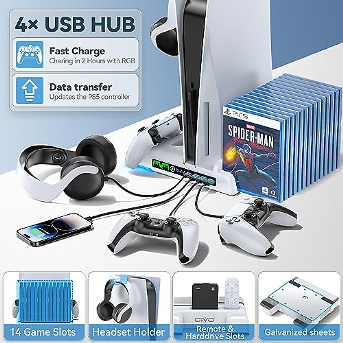 PS5 Stand and Cooling Station with RGB LED Controller Charging Station for Playstation 5 Console, 2H Fast PS5 Controller Charger, PS5 Accessories with 3-Level Cooling Fan, Headset holder, 3 USB Hub