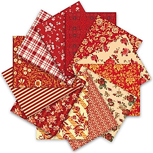JarThenaAMCS 12Pcs Red Floral Cotton Fabric Bundles Retro Flower Plaid Stripe Fat Quarters Decorative Quilting Patchwork for DIY Craft Home Party Decor, 18 x 22 Inch