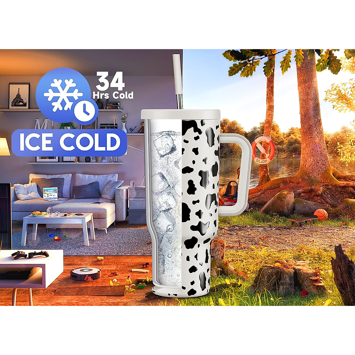 Meoky 40 oz Tumbler with Handle and Straw, Tumbler with Lid and Straw, Insulated Stainless Steel Travel Mug, 100% Leak-proof, Keeps Cold for 34 Hours or Hot for 10 Hours (Cow)