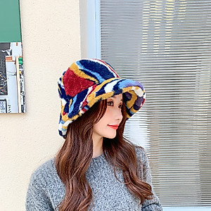 Furry Bucket Hat for Women Multicolored Winter Faux Fur Fisherman Hat Thick Solid Fluffy Fuzzy Warm Plush Bucket Hats