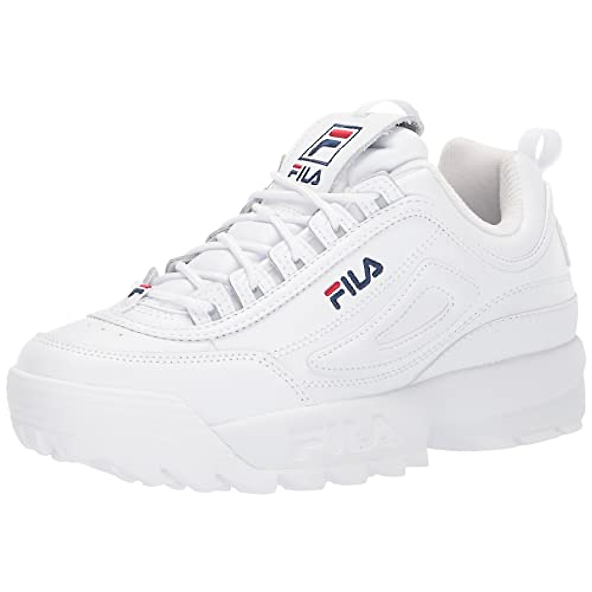 Fila Women's Disruptor II Premium Comfortable Sneakers, White/Navy/Red, 8.5