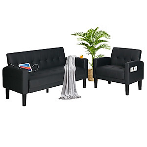 AILEEKISS 2 Piece Living Room Sofa Set Loveseat Sofas Sets with 2 USB, Cup Holders, Side Pocket, Modern Leather 2 Pcs Sectional Couches Set for Apartment, Office, Bedroom (Black, 2-Seat+1-Seat)