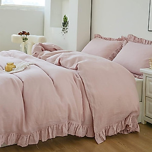 The Bed Linen, Linen Duvet Cover in Blush Pink, Ruffle Linen Comforter Cover, Queen King Linen Bedding Set Ruffled Bedding Set Washed Linen Fabric Duvet Cover Set Uo Bedding (Full 80X90)