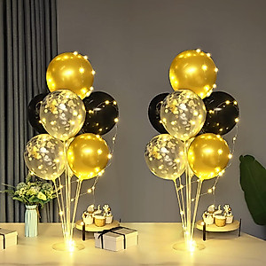 Ainiv 2 Set Table Balloon Stand Kit with Lights, Light Up Balloon Holder Include 16 Black Gold Latex Confetti Balloons, Christmas Party Decorations for Birthday, Weddings, Anniversary and Graduation
