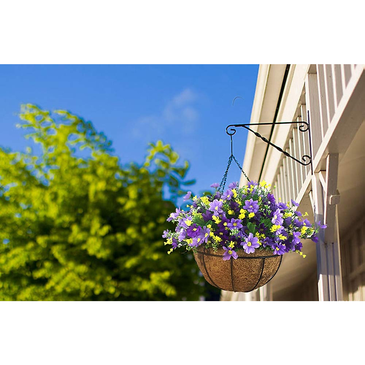 Lopkey Artificial Daisy Flowers Outdoor Indoor Patio Lawn Garden Hanging Basket with Chain Flowerpot,10 inch Dark Purple