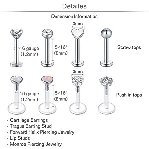 MODRSA 16G Cartilage Piercing Jewelry Tragus Earrings Forward Helix Piercing Jewelry for Women Stainless Steel Cubic Zirconia Stud Earrings Silve