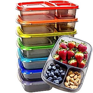 Youngever 7 Pack Bento Lunch Box, Meal Prep Containers, Reusable 3 Compartment Plastic Divided Food Storage Container Boxes