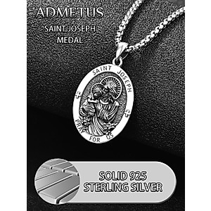 ADMETUS St Joseph Medal for Men 925 Sterling Silver Oval Saint Joseph Pendant Necklace Protection Jewelry Religious Gifts
