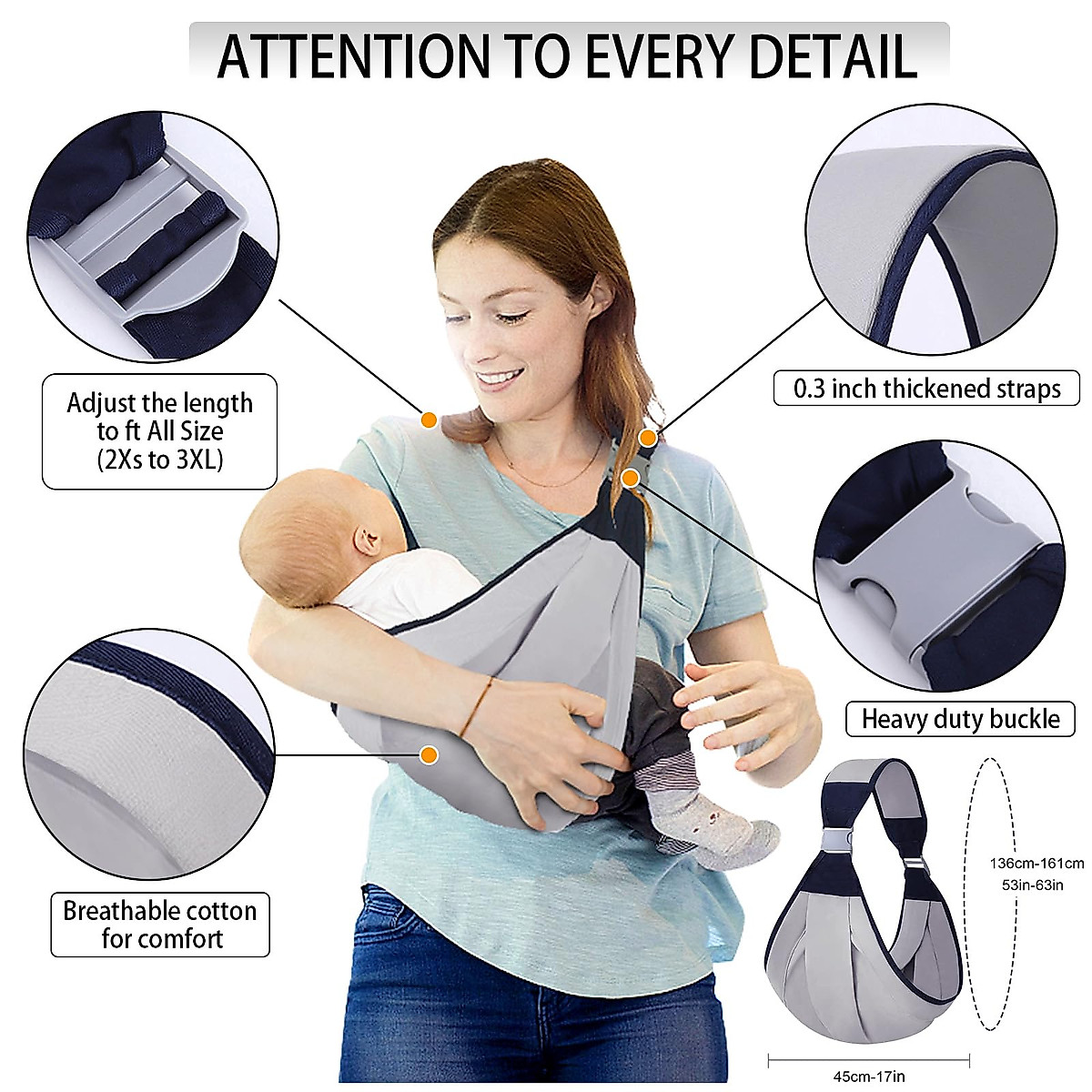 Baby Sling Carrier, Adjustable Baby Holder Carrier, Baby Half Wrapped Sling Hip Carrier, One Shoulder Labor-Saving, Cloth Fabric Lightweight Baby Carrier for Newborn to Toddler Up to 45 lbs (Grey)