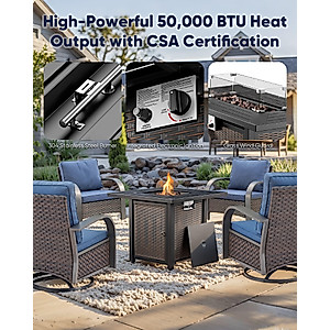 HUMMUH Outdoor Furniture with Fire Pit -Patio Table and Chairs Set of 4 Swivel Patio Chairs for Deck Porch Garden Poolside Backyard-Brown/Blue