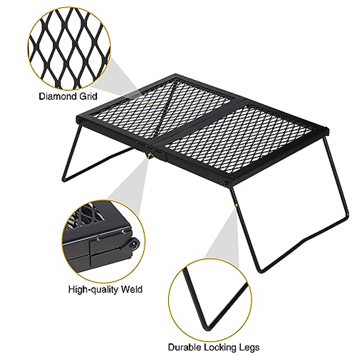 Lineslife 17'' Folding Campfire Grill Grate Over Fire Pit, Portable Heavy Duty Steel Camping Grill Grate, Camp Fire Cooking Equipment for Outdoor BBQ Picnic, Black