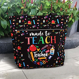84hoods Large Tote Bag for Women Teacher. Aesthetic Shoulder Bag Gift for Teacher. Waterproof Work Grocery Bag 15 inch with Pockets and Zipper. Made to Teach.