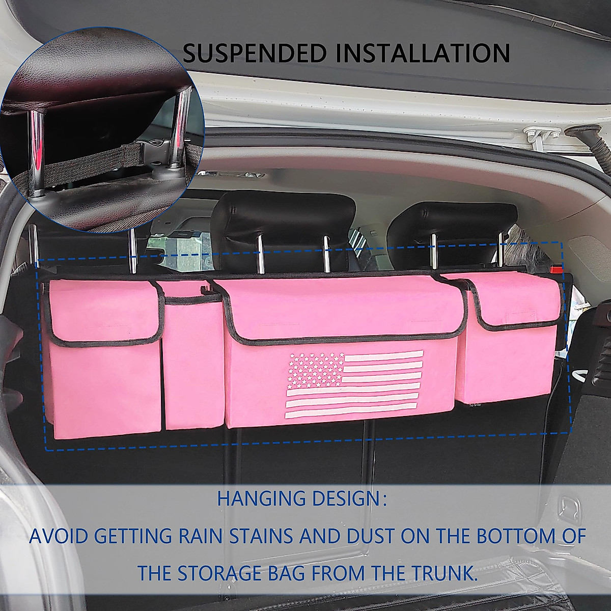 Salior Trunk Organizer for Car,Unique US Flag Backseat Car Organizer with 4 Large Capacity Pocket,Waterproof Car Trunk Storage Organizer Hanging on Car Truck SUV MPV Rear Seat (Pink)
