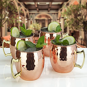 PG Moscow Mule Mugs | Large Size 19 ounces | Set of 4 Cups | Stainless Steel Lining With Honeycomb Pattern Finish | Pure Copper Plating | Gold Brass Handles | 3.7 inches Diameter x 4 inches Tall