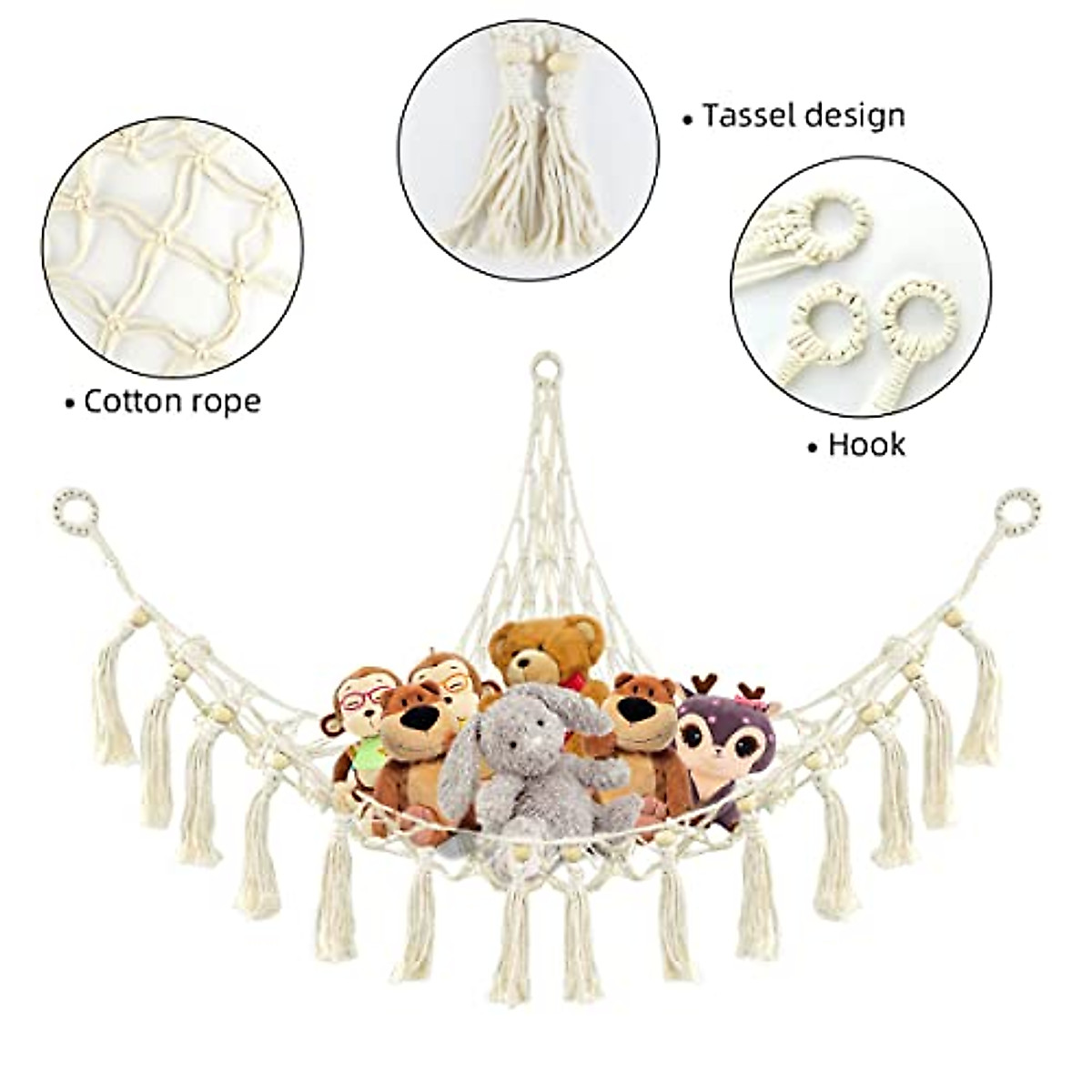 Large Macrame Stuffed Animal Hammock Hanging Net for Stuffed Animals Room Corner Organizer Plush Animal Storage for Kids Bedroom Nursery Boho Toy Hammock with Tassels Stuffed Animal Display Holder Net
