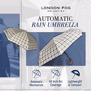 London Fog Rain Umbrella, Automatic Folding Umbrella, Windproof, Lightweight and Packable for Travel, Full 44 Inch Arc, Khaki Plaid