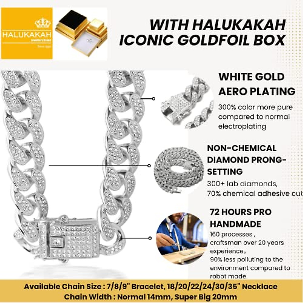 Halukakah Gold Chain Iced Out for Men,Men's 14MM Miami Cuban Link Chain Choker Necklace 20In(50cm) Platinum White Gold Finish,Full Cz Diamond Cut Prong Set,Gift for Him