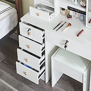 Vanity Set Dressing Table with Lighted Mirror, Modern Storage Makeup Table with 5 Drawers and Stool,White (H1905)