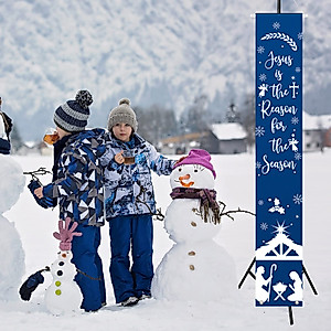 BBTO Pcs Christmas Nativity Scene Porch Sign Jesus Is The Reason for Season Banner Religious Holy Door Xmas Hanging Decorations Home Front 1BBTO x 7BBTO Inch, blue, white