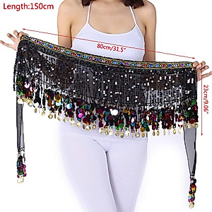 Belly Dance Hip Scarf Black for Women Dancing Costume Coin Belt Skirt (Black) One Size