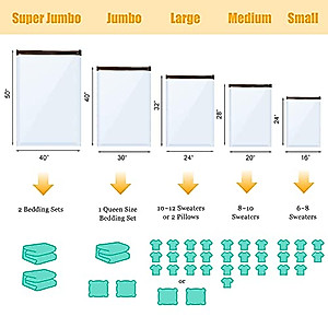 Vacuum Storage Bags Medium Space saver Bags 6 Pack (27.5” X 19.6”) With Handpump Space Saver Compression Seal Bags for Clothes, Quilts, Pillows, Double Zip Seal & Leak Valve
