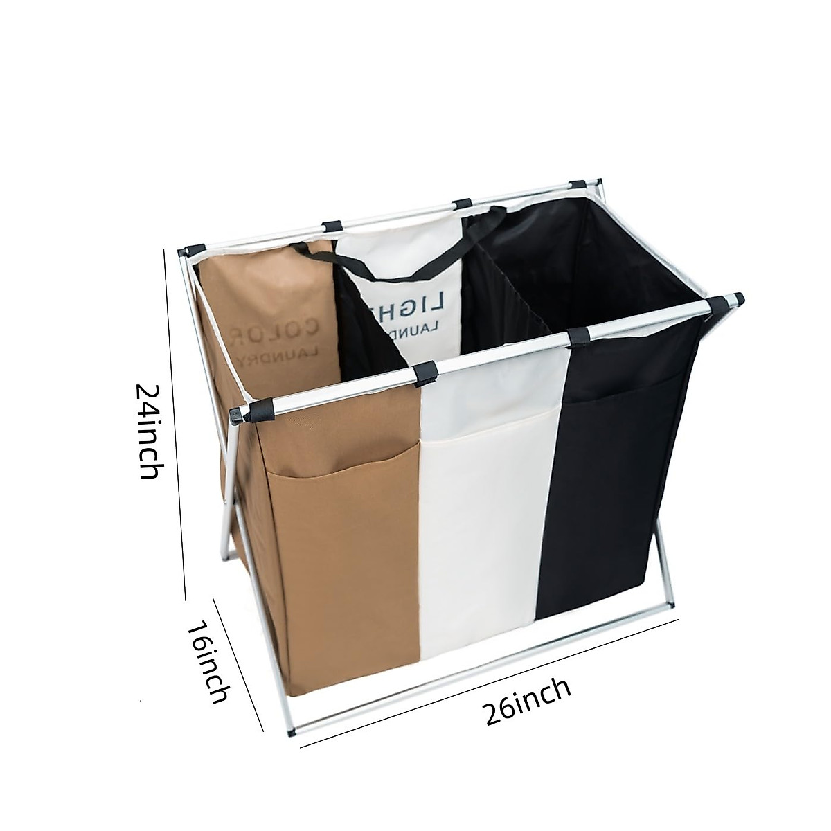 DIOBVNG Laundry Basket 3 Section,Foldable Dirty Laundry Hamper, Hampers for Laundry,Clothes Baskets With Side Pocket,Laundry Sorter（Black and white brown）