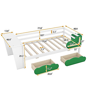 FIQHOME Twin Size Daybed with 2 Storage Drawers and Desk, Wood Kids Twin Bed Frame with Green Leaf Shape Shelves, Twin Sofa Bed Frame for Kids Girls Boys, No Spring Box Required, White