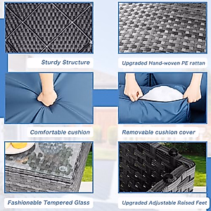 Shintenchi 5 Pieces Outdoor Patio Sectional Sofa Couch, Silver Gray PE Wicker Furniture Conversation Sets with Washable Cushions & Glass Coffee Table for Garden, Poolside, Backyard (Aegean Blue)