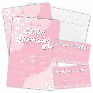 Set of 25 Baby Shower Invitations with Envelopes, Diaper Raffle Tickets and Baby Shower Book Request Cards, Retro Bohemian Hippie Vibes Daisy Theme Gender Reveal Party For Boys or Girls(YQKTZ-A08)