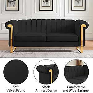 Tmosi 83'' Modern Velvet Upholstered Sofa Couch,3 Seat Sofa with Gold Stainless Steel Legs for Living Room,Bedroom,Apartment,Office (Black)