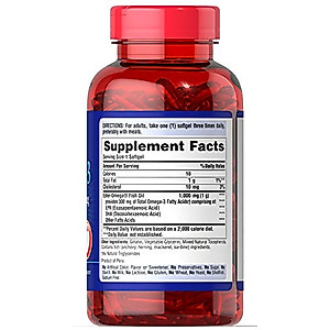 Omega-3 Fish Oil 1000 mg (300 mg Active Omega-3), Supports Heart and Joint Health, 250 Count by Puritan's Pride