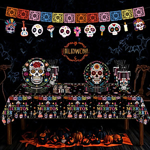 130 PCS Skull Party Supplies with Skeleton Paper Plates,Cake PlatesNapkins, Cups and Cutlery for Skull Birthday Party Decorations, Disposable Dinnerware Set (Serves 10)