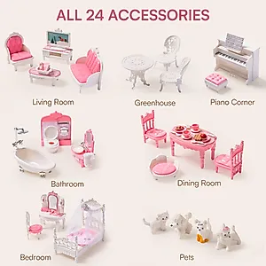 ROBUD Wooden Dollhouse Playset, 3 Stories, 5 Rooms, 24 PCS Furniture, Pretend Play Toys Gift for Kids Toddlers Girls