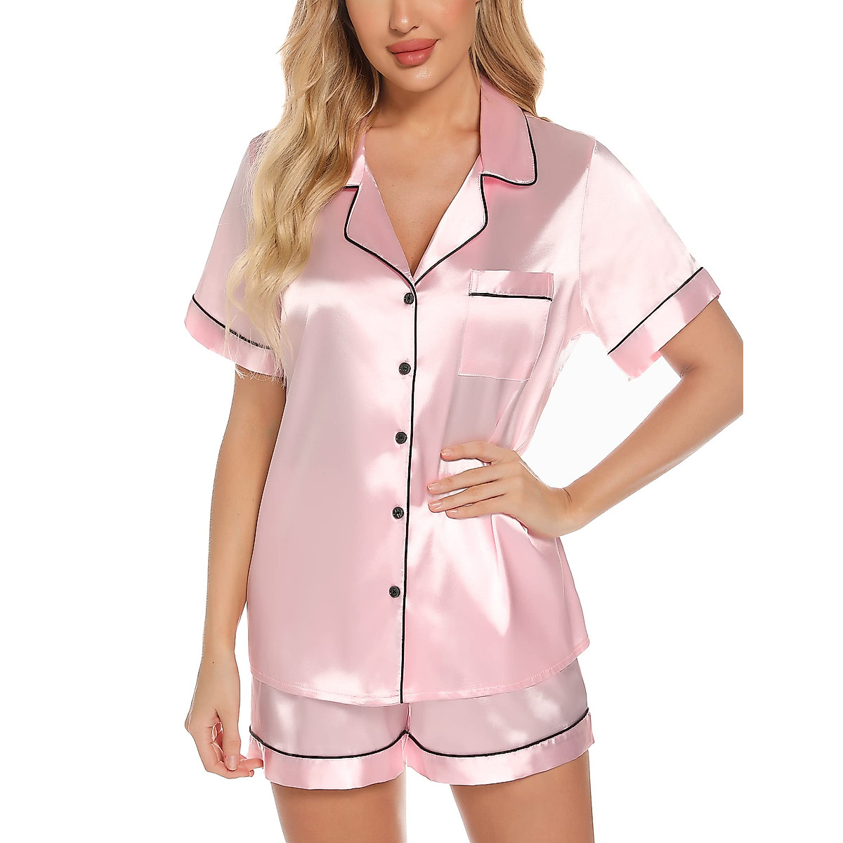 Leikar Womens Silk Satin Pajamas Shorts Set Bride Pajamas Button Down Pjs Loungewear Set S-XXL Pink