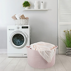 Pink Storage Basket - 22”x14” | Baby Girl Laundry Basket | Toy Bin | Woven Baskets for Storage | Fabric Laundry Baskets for Storage