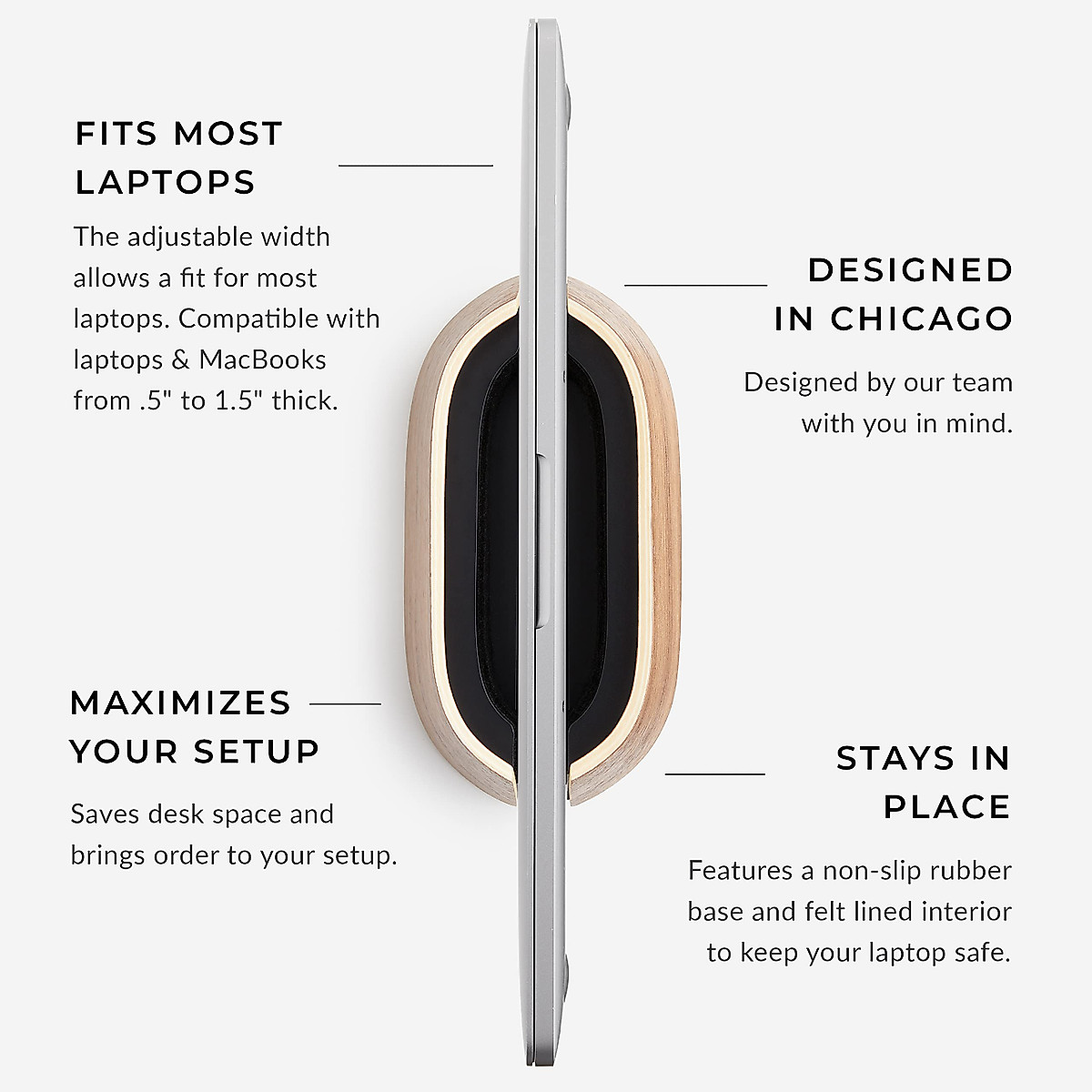 HumanCentric Laptop Holder Vertical Laptop Stand, Adjustable Holder and Dock, Laptop Vertical Stand Fits MacBook Pro and Other Laptops .5" to 1.5", Upright Laptop Holder for Desk, Black Walnut Wood