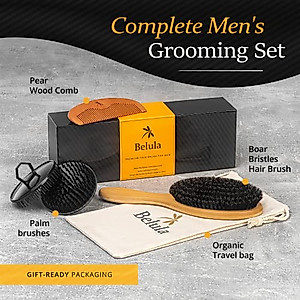 Belula 100% Boar Bristle Hair Brush for Men Set. Soft Hairbrush for Thin, Normal and Short Hair. Boar Bristle Brush and Wooden Comb for Men. Free 2 x Palm Brush & Travel Bag Included.