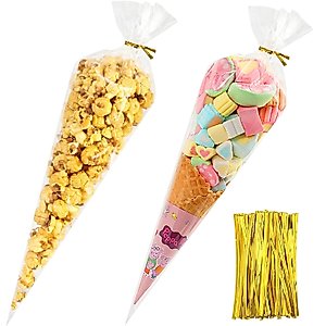 Cone Shaped Treat Bags, 100 Pcs Clear Popcorn Bags Bulk 7x15 In Cellophane Treat Bags with Twist Ties Small Triangle Plastic Cone Bags for Gift Giving Individual Servings Party Favor Candy Snack Wraps