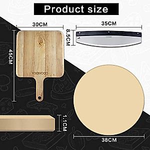 CookIdea Pizza Grilling Stones Baking Set for Oven and BBQ, Set of 3 Including Round Pizza Stone Diameter 15'', Pizza Peel and Pizza Cutter for Pizza Making at Home