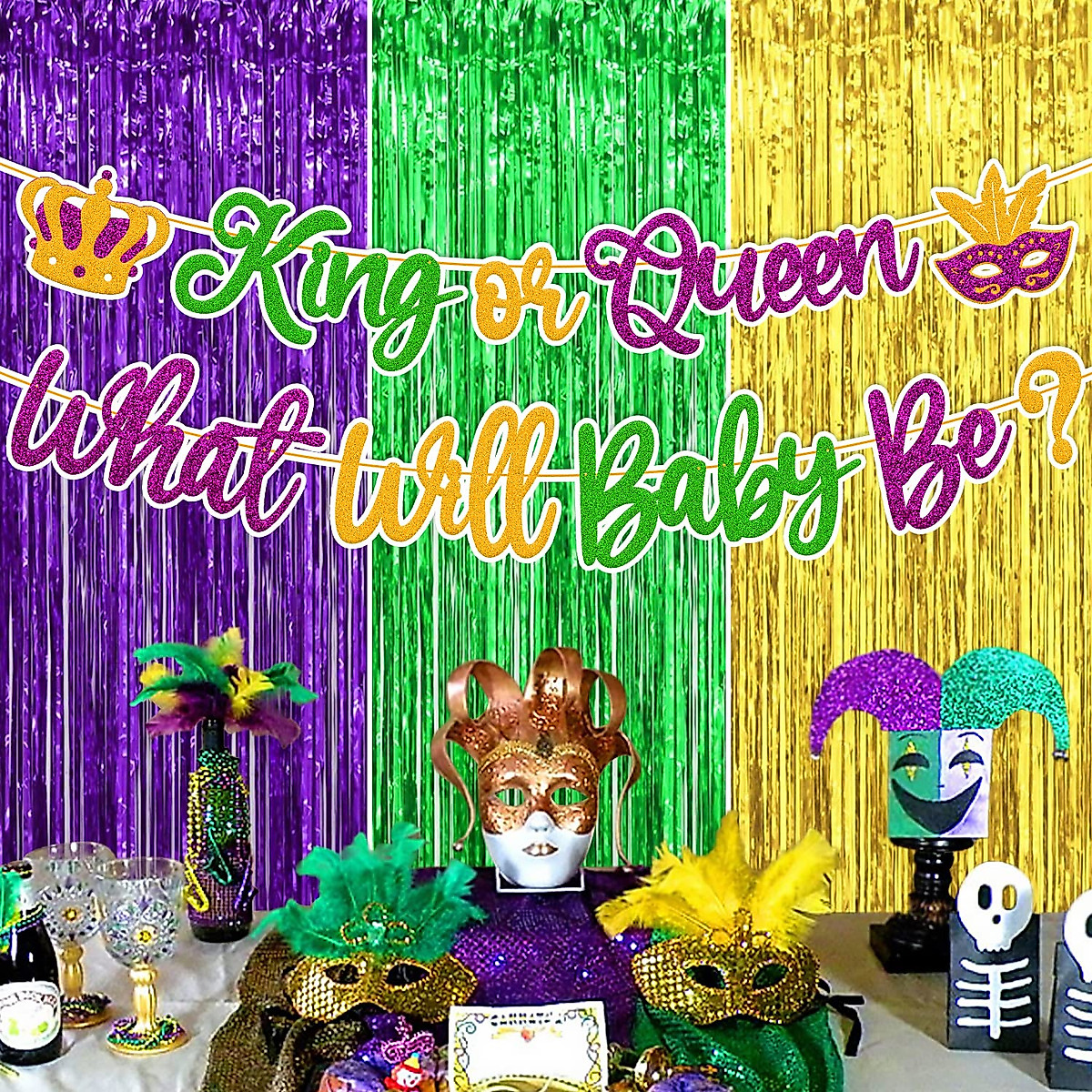 Mardi Gras Gender Reveal Decorations King Or Queen What Will Baby Be Banner Foil Curtains Backdrop Carnival Fleur De Lis Shrove Fat Tuesday New Orleans Masquerade Theme Baby Shower Party Supplies