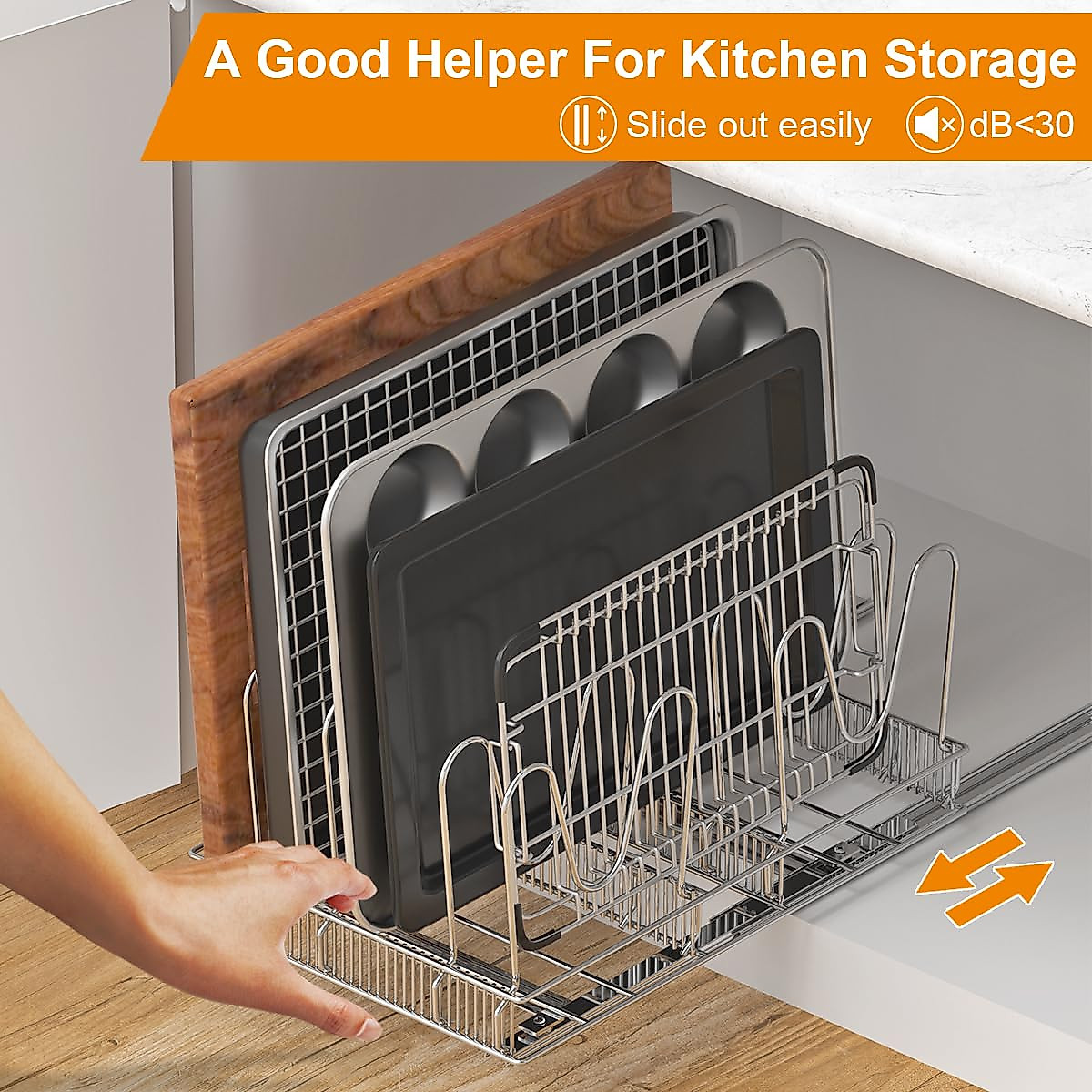 VyGrow Pots and Pans Organizer, Pull Out Pot and Pan Organizer for Cabinet Kitchen Pantry with 10 Adjustable Dividers, Heavy Duty Pan Organizer Rack 11Wx17.5Dx8.34H inch